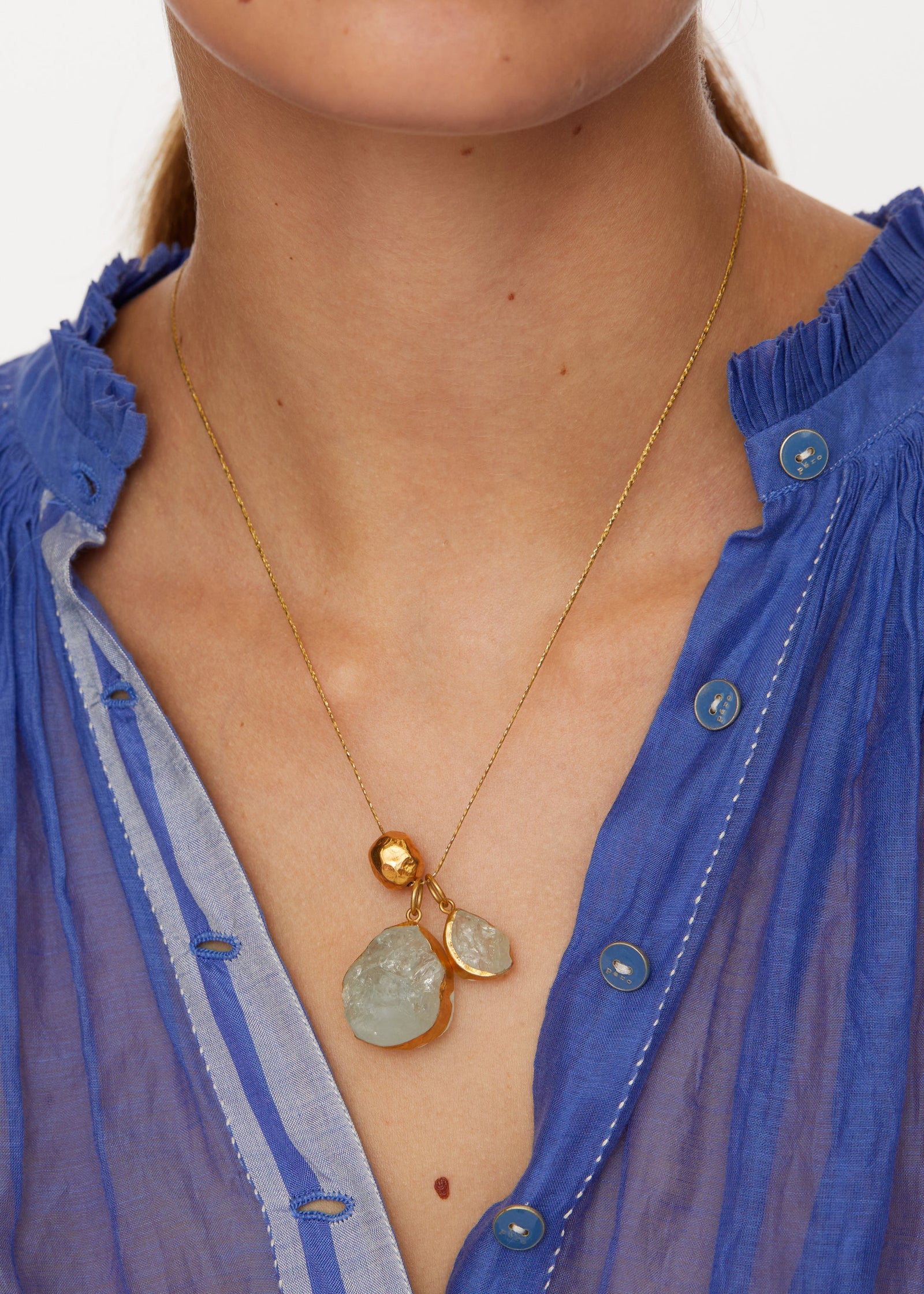 Pippa Small Jewellery 18kt Gold Vermeil Afghanistan Aquamarine Double Pendant with Gold Bead on Cord