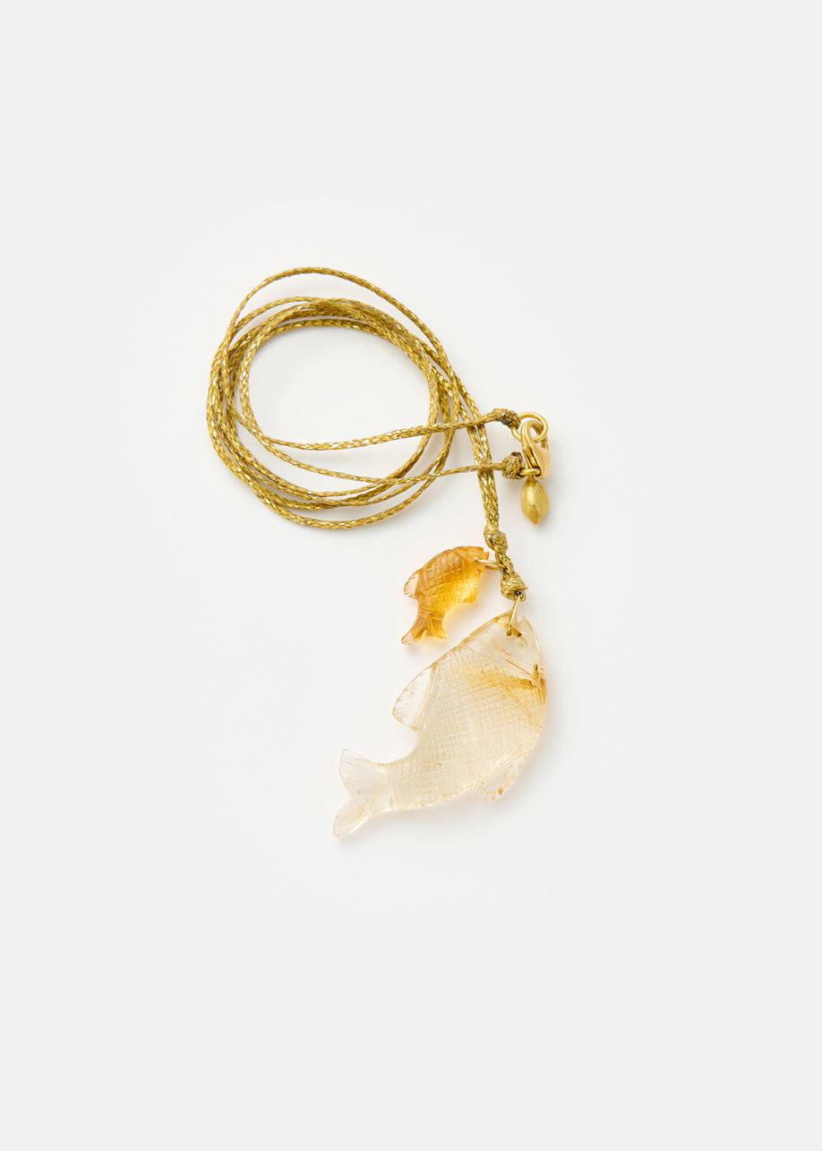 18kt Gold Rutilated Quartz & Citrine Fish Amulets on Cord – Pippa Small